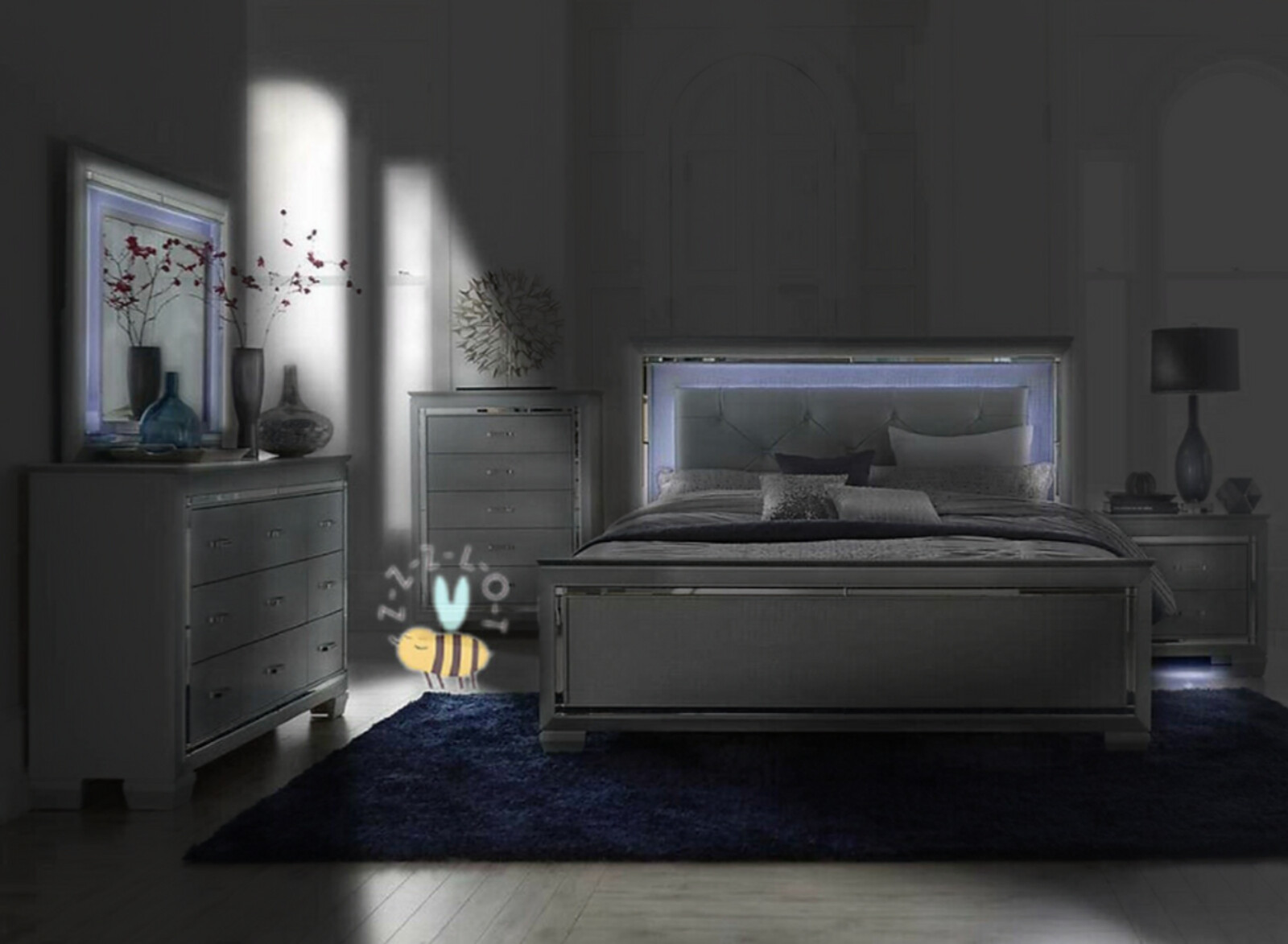 NEW Silver Gray LED Queen King 5PC Bedroom Set Modern Glam Furniture B ...