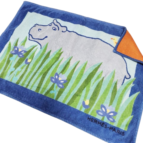 HERMES Paris Cotton Beach Towel Bath Mat Towel Hippopotamus Blue 61× ...