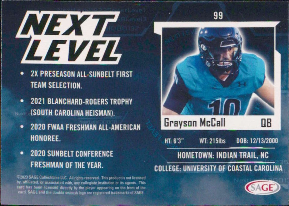 GRAYSON MCCALL RC 2023 SAGE Low Series #99 ROOKIE NFL NCAA ID:58974 | eBay