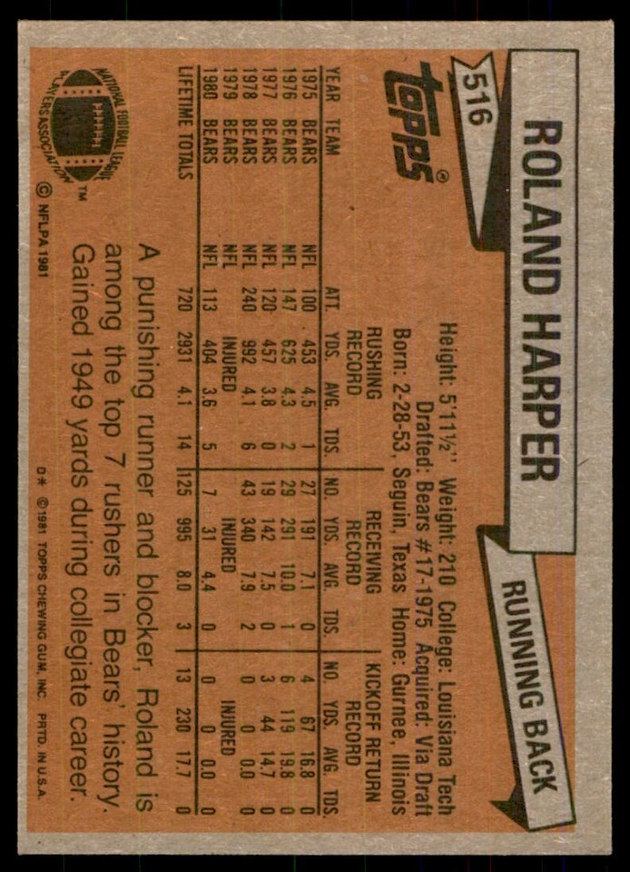 1981 TOPPS ROLAND HARPER* CHICAGO BEARS #516 | eBay