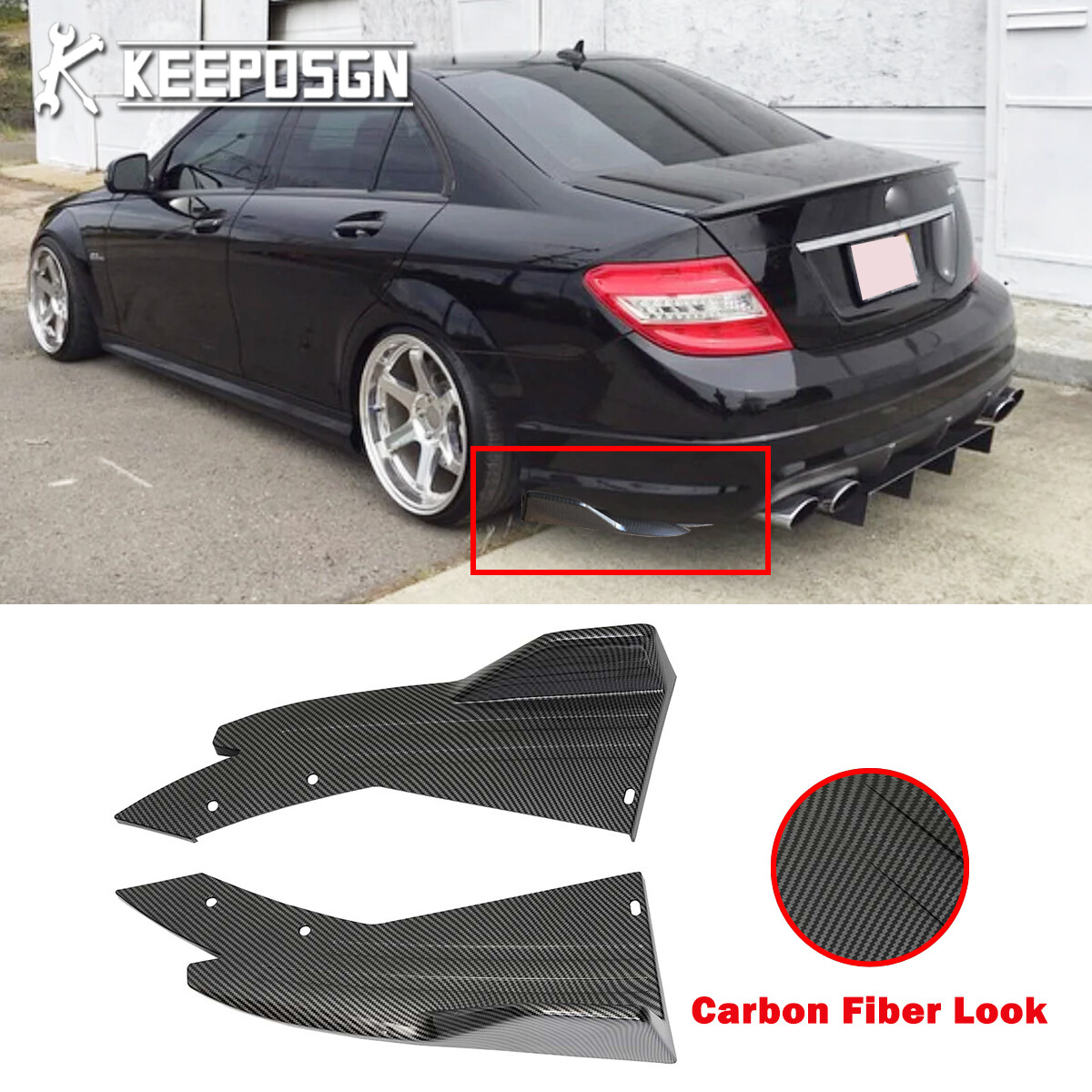 For Mercedes-Benz C63 Carbon Look Rear Diffuser Bumper Lip Side Skirt ...
