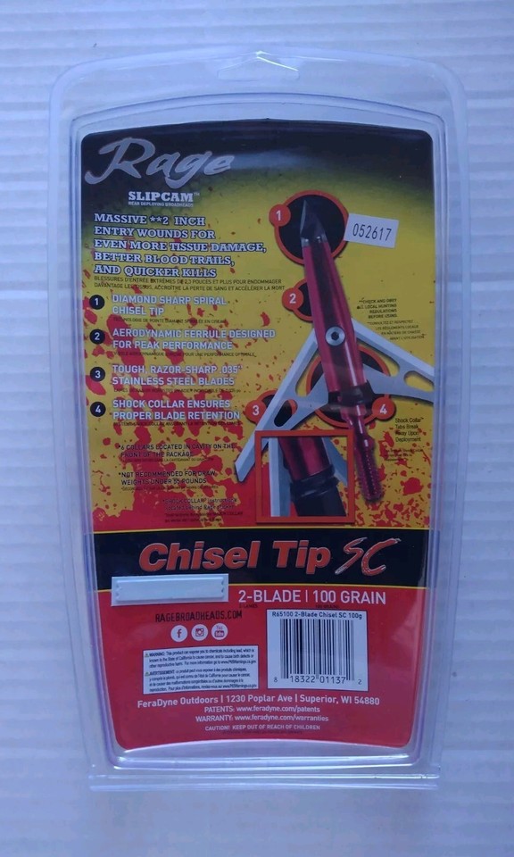 Rage Slip Cam Rear Deploy Archery Broadhead Chisel Tip SC 100 Grain 2 ...