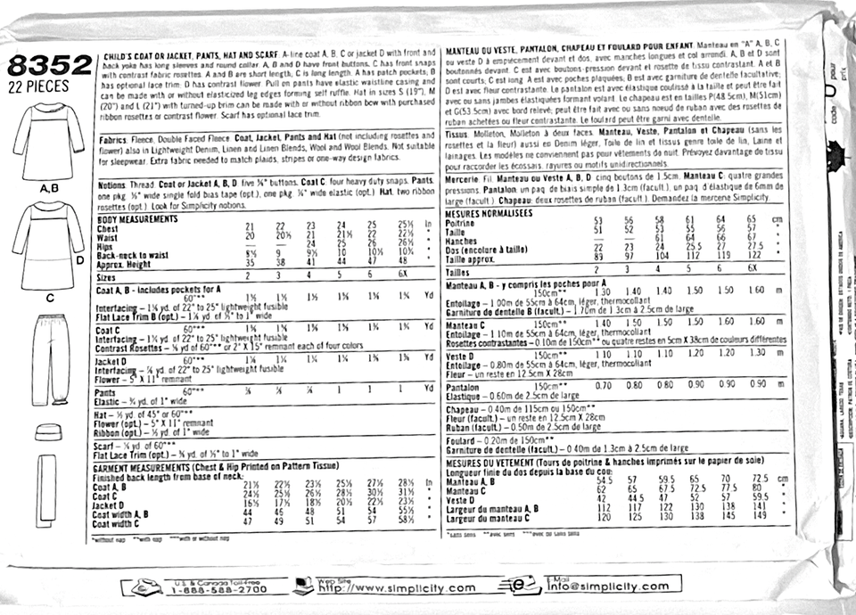 SIMPLICITY PATTERN 8352 PRINCESS YOKE COAT JACKET PANT HAT SCARF SZ 5 ...