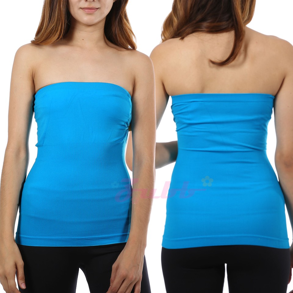 Women Sleeveless Strapless Tube Top long Bandeau Stretch Ribbed Basic ...