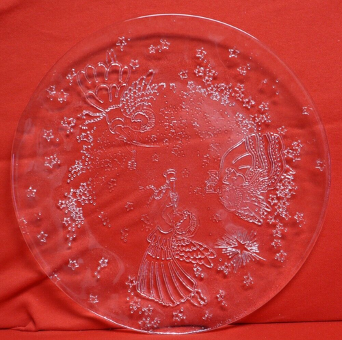 13" Mikasa Holiday Round Dish Clear Glass Platter Back imposed Xmas ...