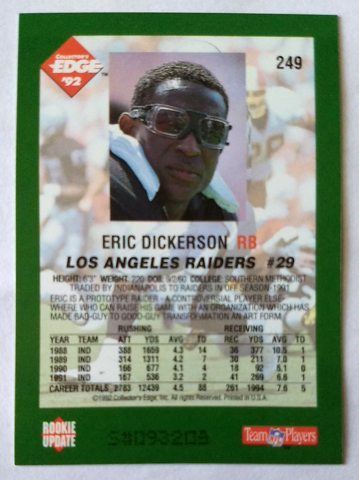 ERIC DICKERSON, 1992 COLLECTOR'S EDGE #249, RAIDERS | eBay