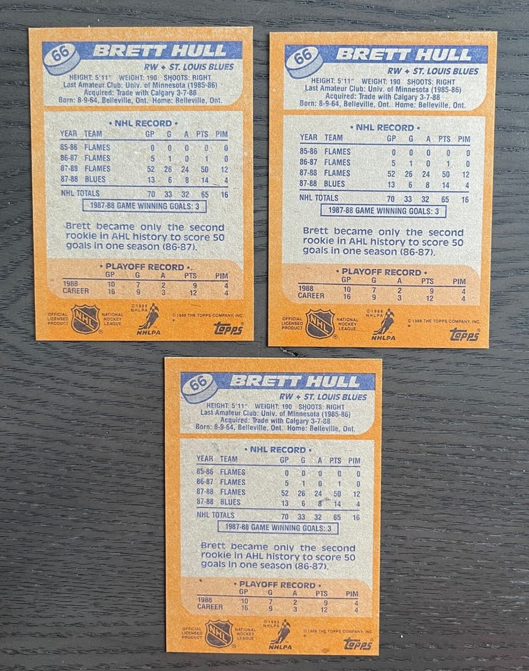 1988-89 Topps Hockey #66 Brett Hull - Rookie -Lot of 3 Cards St Louis ...