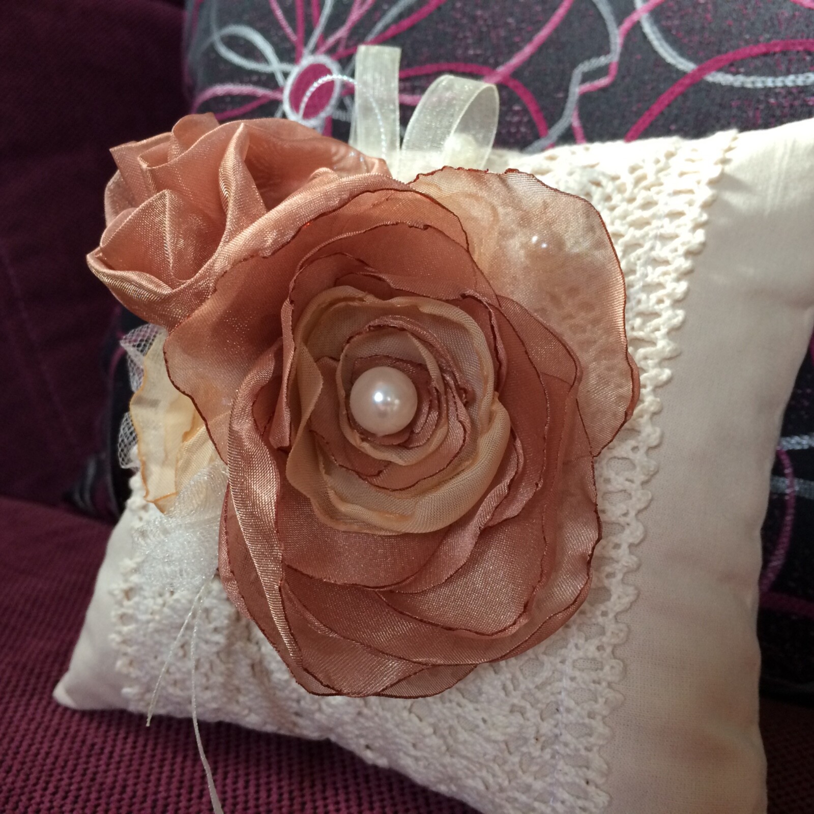 Decorative mini pillow handmade lace flowers organza 7x7 in | eBay