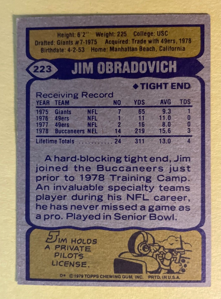 SIGNED JIM OBRADOVICH 1980 TOPPS FOOTBALL CARD AUTOGRAPH - BUCCANEERS ...