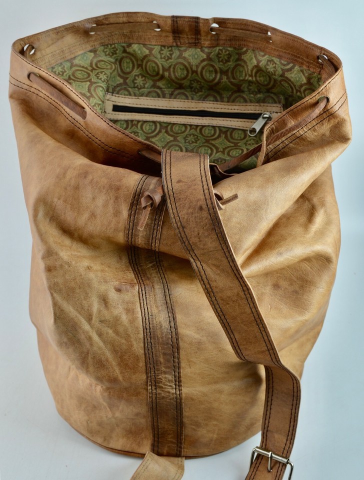 Organic Leather Drawstring Bucket Duffel Bag Backpack Rucksack Moroccan ...
