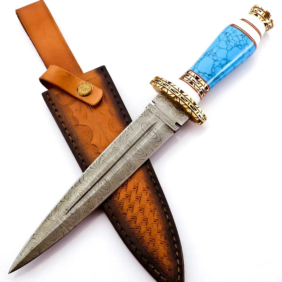 Custom Damascus Bowie Knife Turquoise Handle Brass Guard with Leather ...
