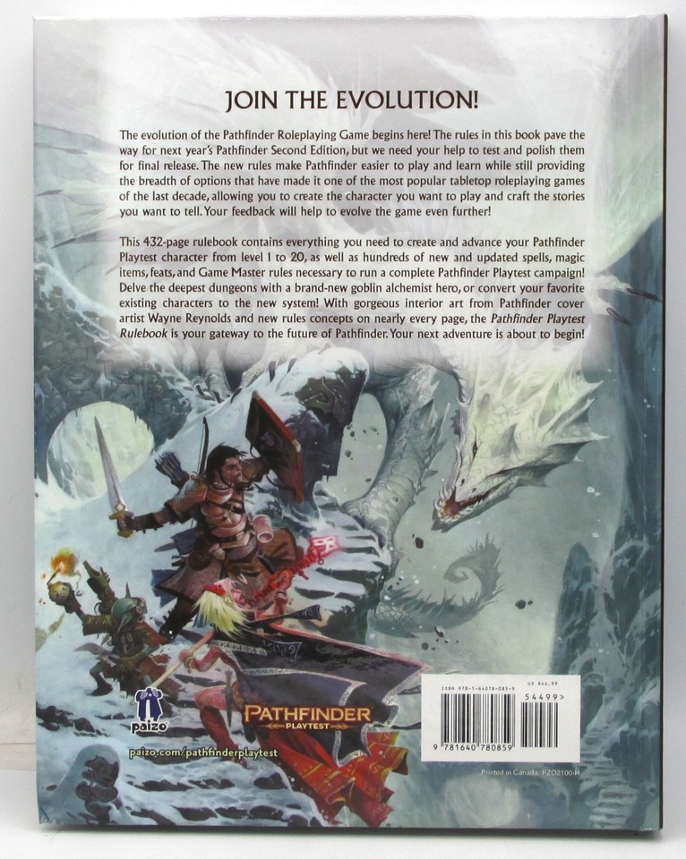 Pathfinder Playtest PZO2100-H Rulebook (Hardcover) Fantasy RPG Book ...