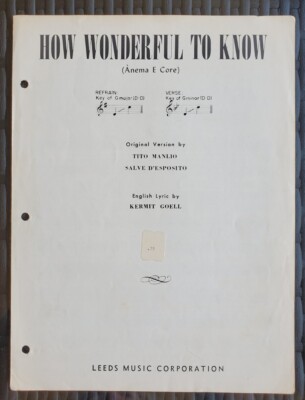How Wonderful To Know Vintage Sheet Music 1961 Manlio, D'Esposito ...