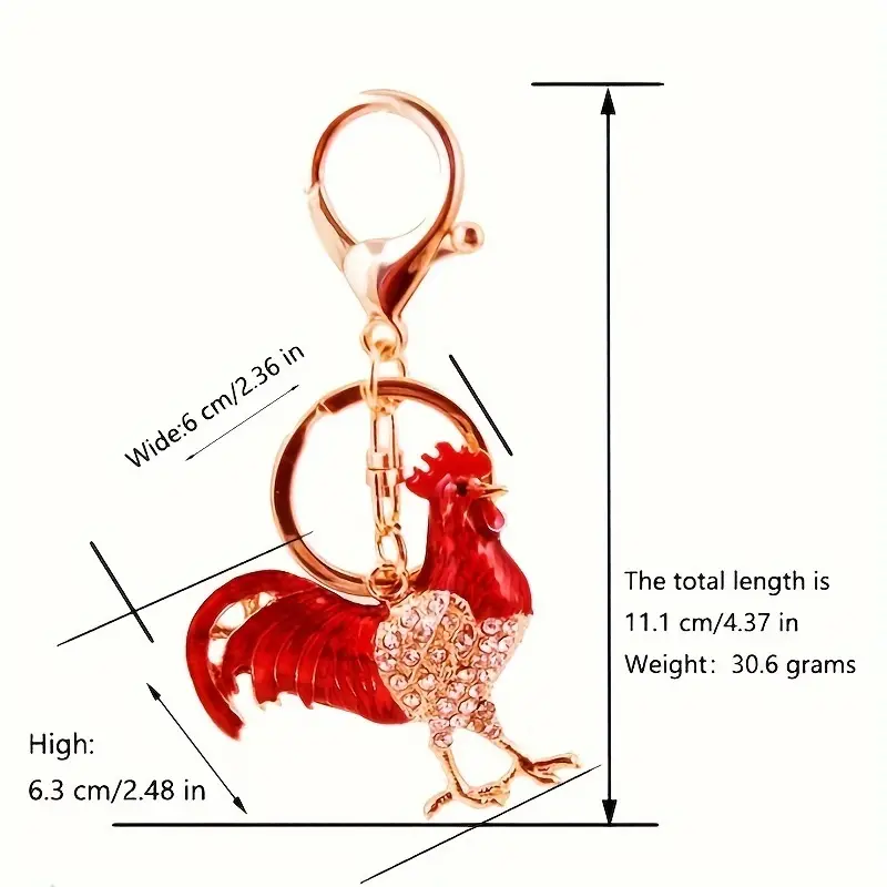 Vibrant Enamel Red Color Metal Sparkling Rhinestone Rooster Keychain ...