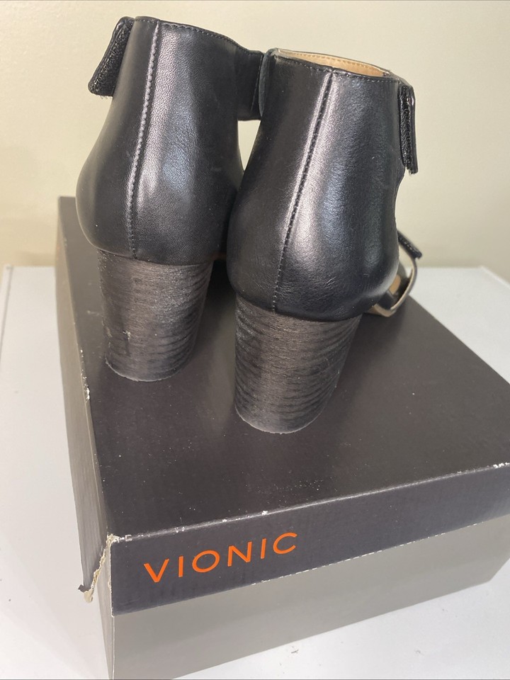 Vionic Solana Sz 11 Women's Black Leather Mid Block Heels Sandals Ankle ...