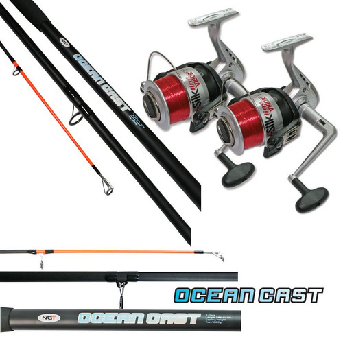 2 x 14FT Beachcaster Sea Fishing Rod + Reel Set Ocean Cast Rods + Silk ...