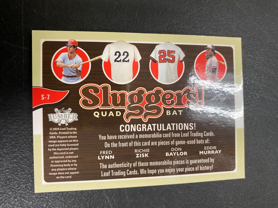 Fred Lynn/Zisk/Don Baylor/Eddie Murray 2024 Leaf Lumber Quad Bat 7/15 ...