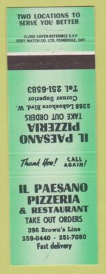 Matchbook Cover - Il Paesano Pizza Restaurant Etobicoke ON GREEN | eBay