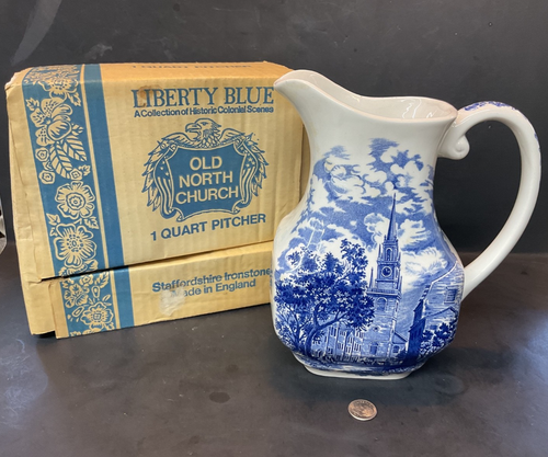 VNT Staffordshire LIBERTY BLUE 32 oz PITCHER Old North Church with Box ...