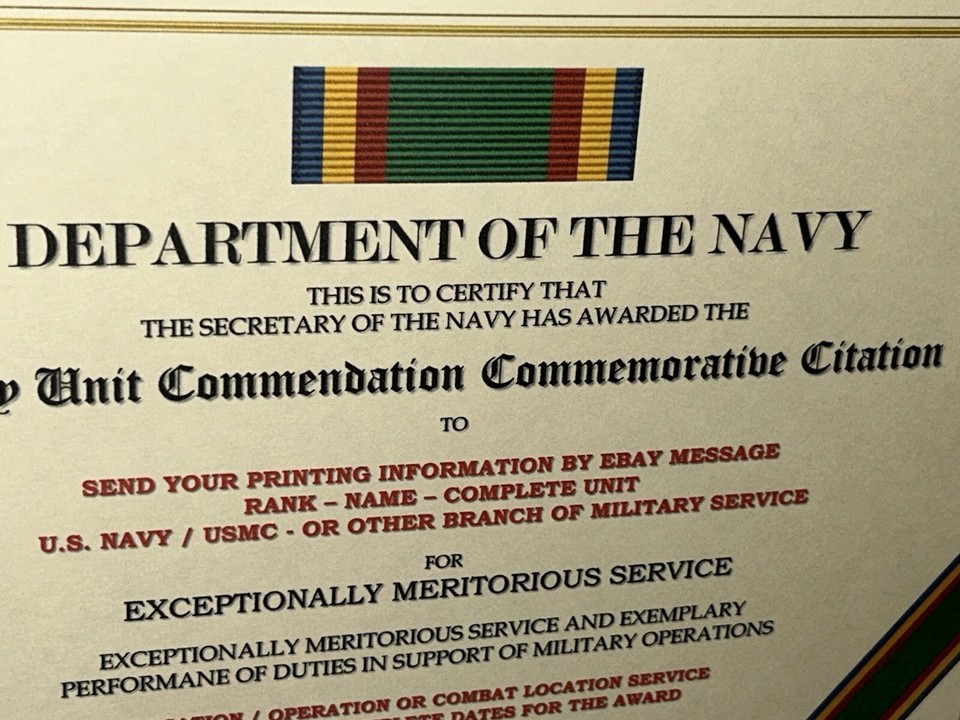 U.S. NAVY UNIT COMMENDATION COMMEMORATIVE CITATION CERTIFICATE ~W ...