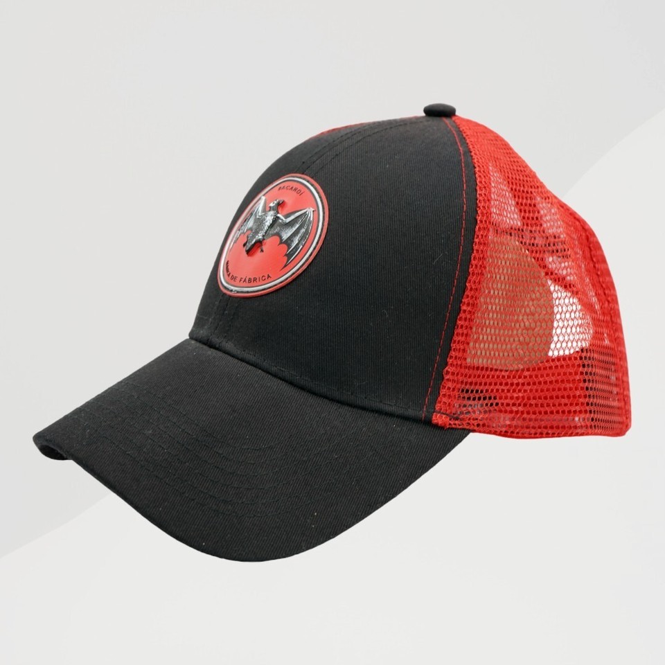 NWOT Bacardi Rum Rubber Embossed Bat Logo Black/Red Mesh Snapback Hat ...