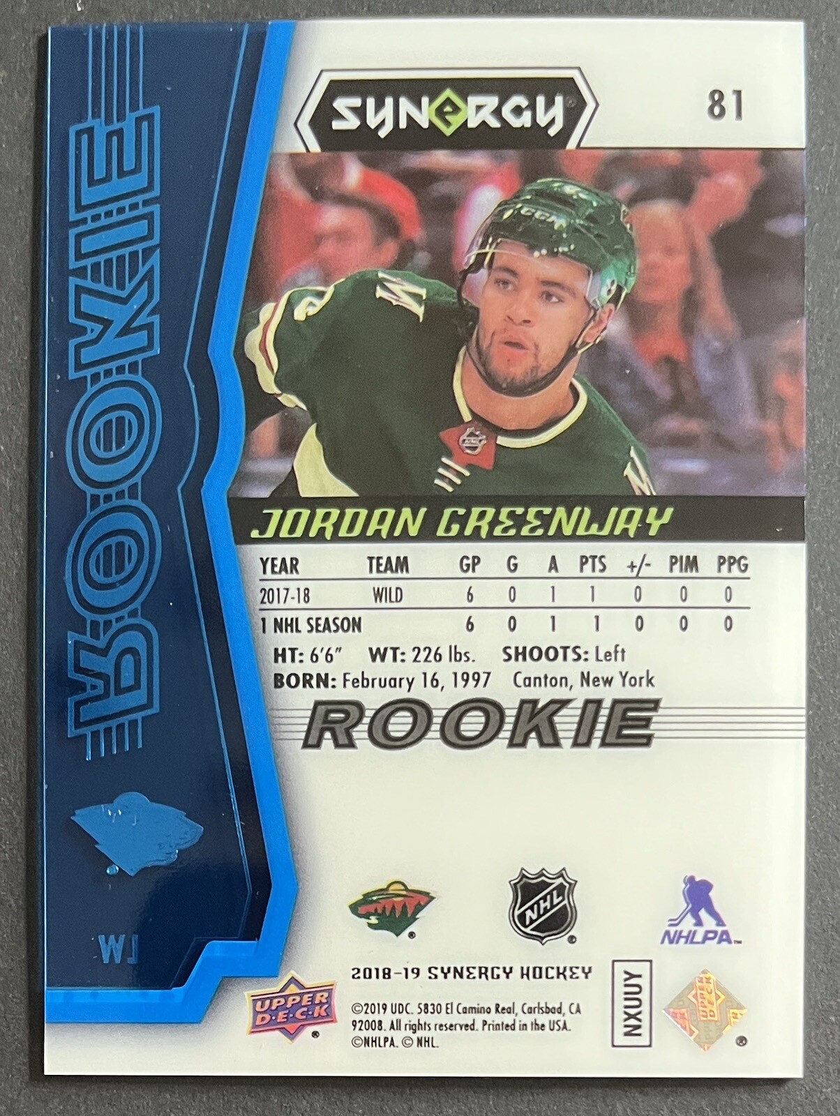 Jordan Greenway 2018-19 Upper Deck Synergy BLUE ACETATE Rookie #81 /599 ...