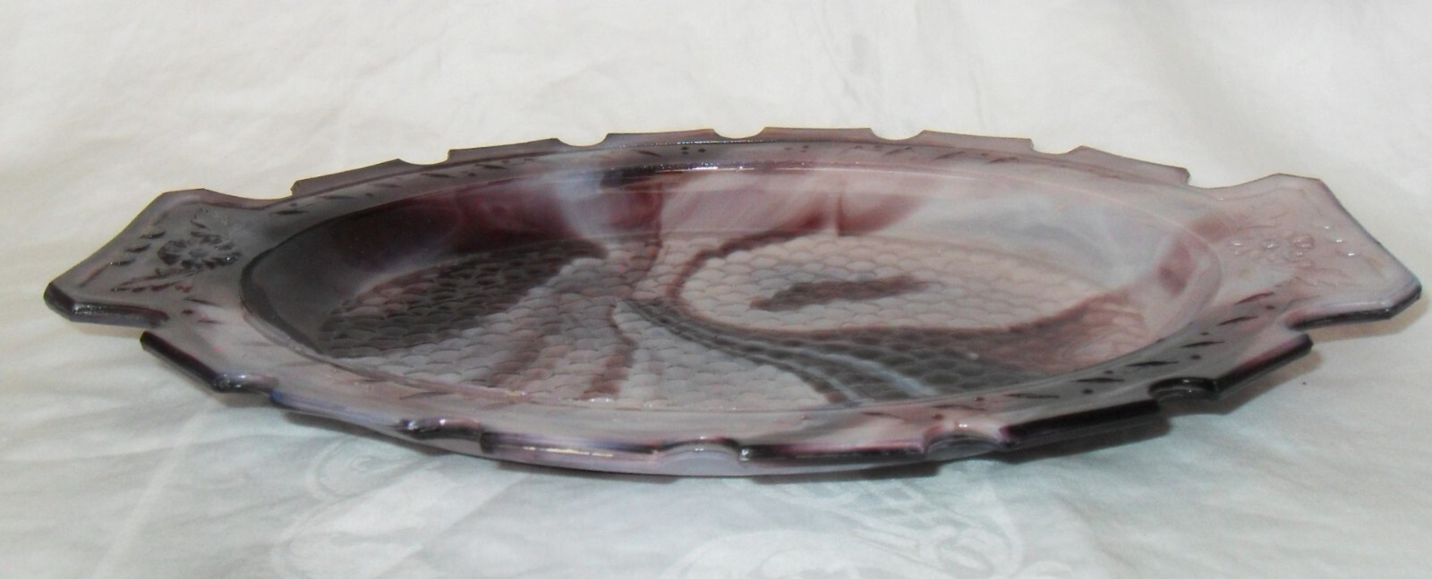 Vintage Purple & White Embossed Slag Glass Platter Plate Tray Cog Cut ...