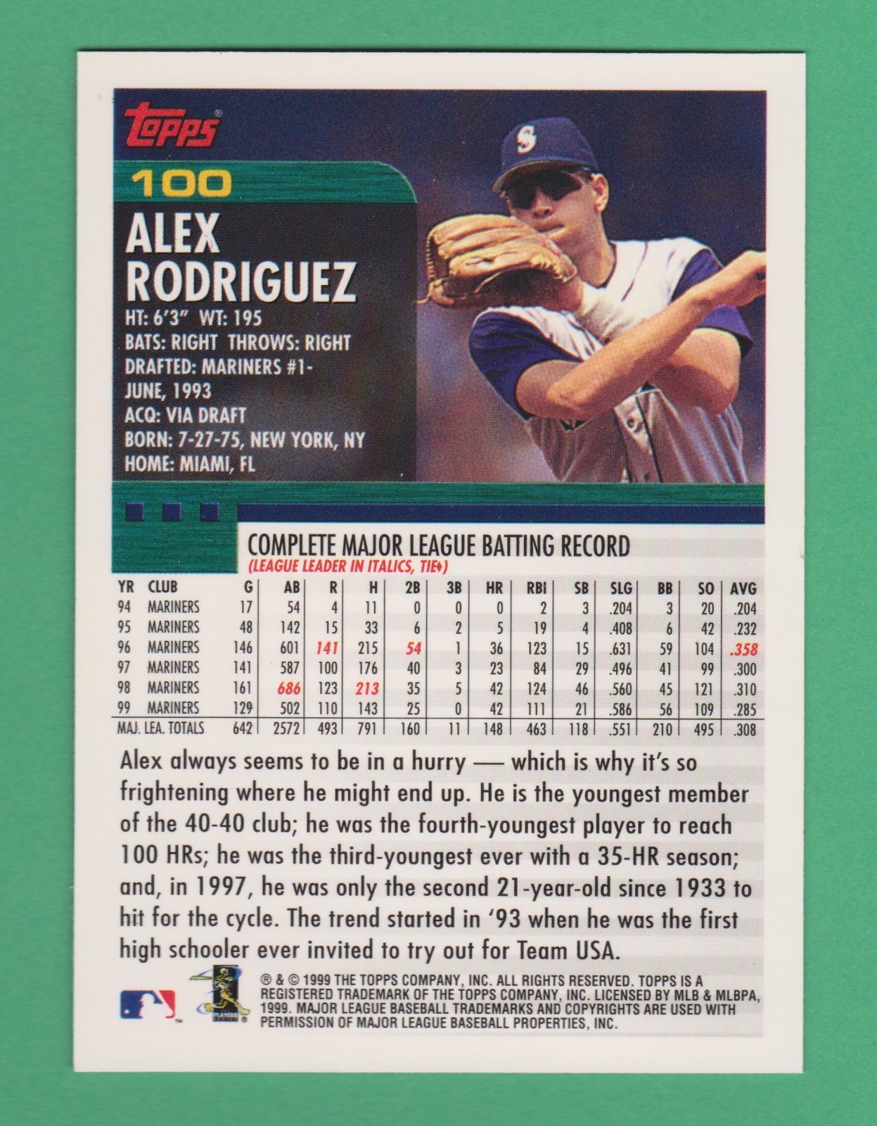 2000 Topps Alex Rodriguez Seattle Mariners #100 | eBay