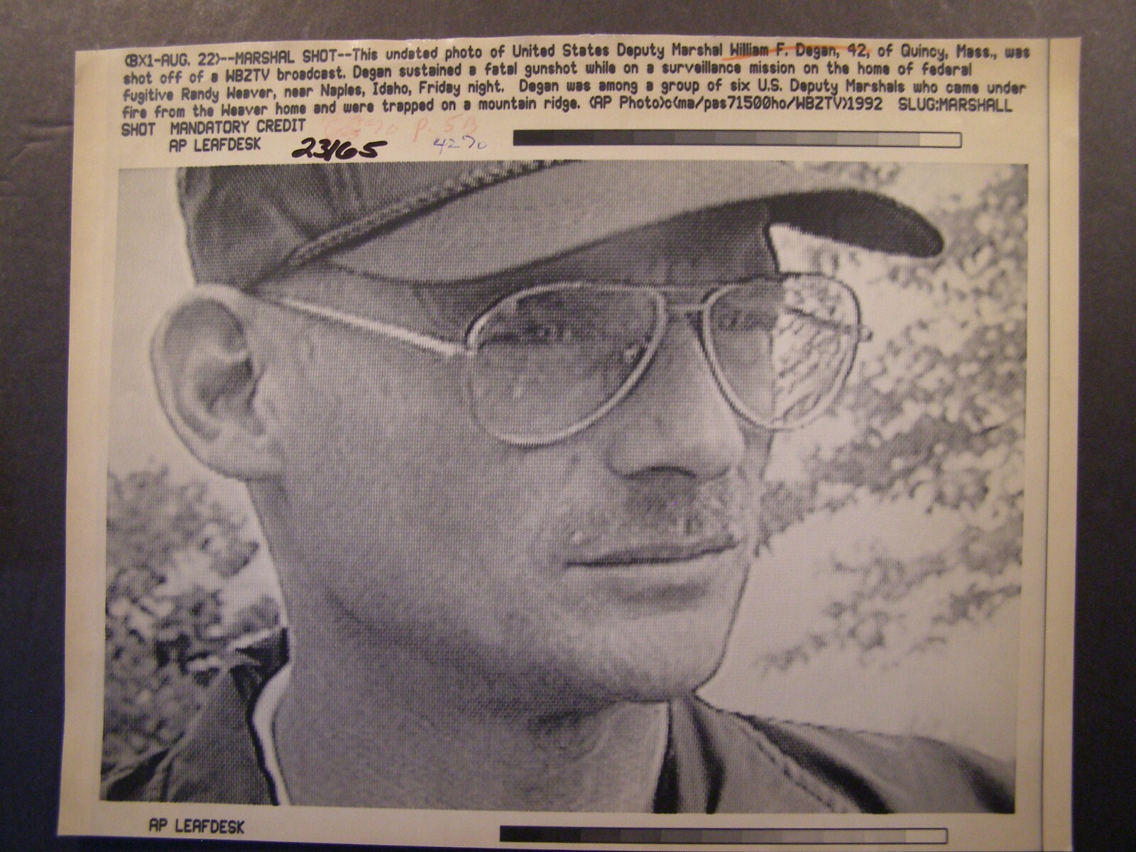 AP Wire Press Photo 1992 Marshal William F Degan of Mass was shot ...