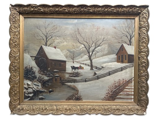 19thC Antique VICTORIAN WINTER LANDSCAPE Old PRIMITIVE Folk Art SNOW ...