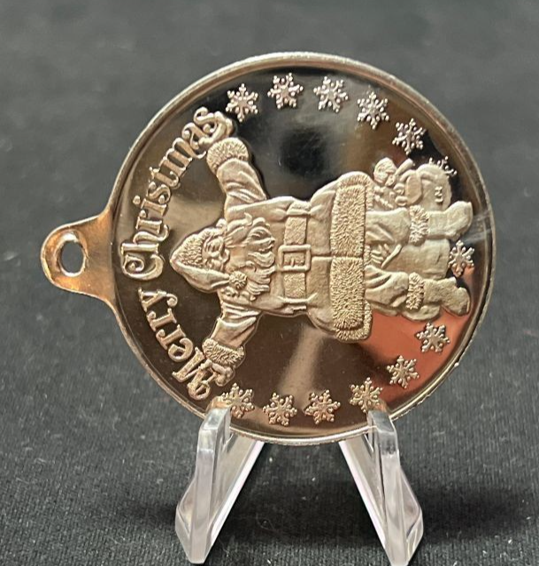 .999 SILVER HALF OZ~MERRY CHRISTMAS ORNAMENT~SANTA WITH TOYS~LOOP FOR ...