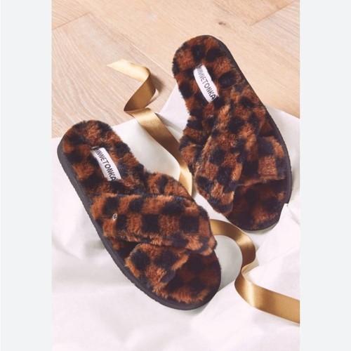 NEW Minnetonka Esme Slippers Checkerboard Faux Fur Open Toe Size 6 | eBay