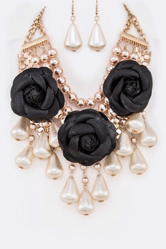 Black Flower Mix Pearls Statement Necklace Set | eBay