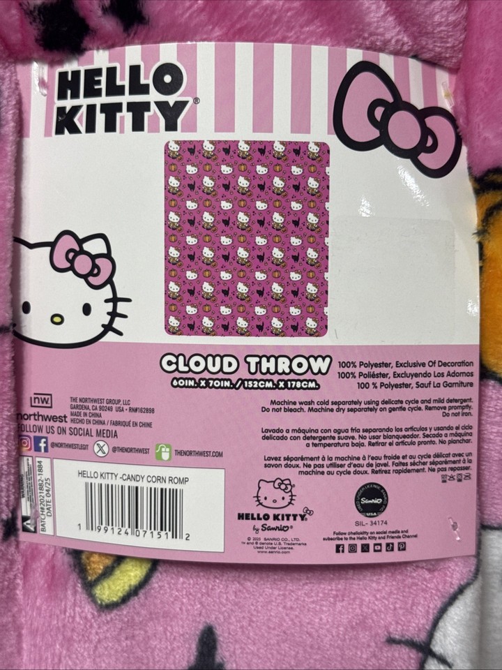 New Hello Kitty Candy Corn Romp Pink Halloween Plush 60" x 70" Throw ...