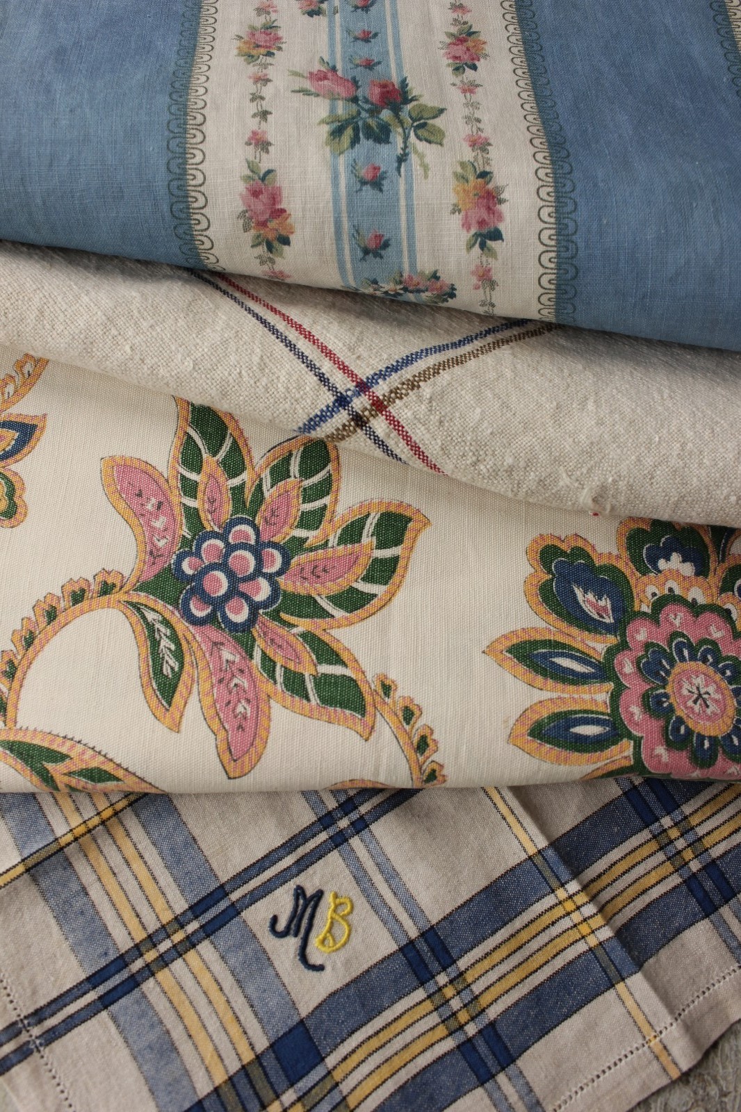 Vintage French fabrics antique material PROJECT BUNDLE handkerchief etc ...