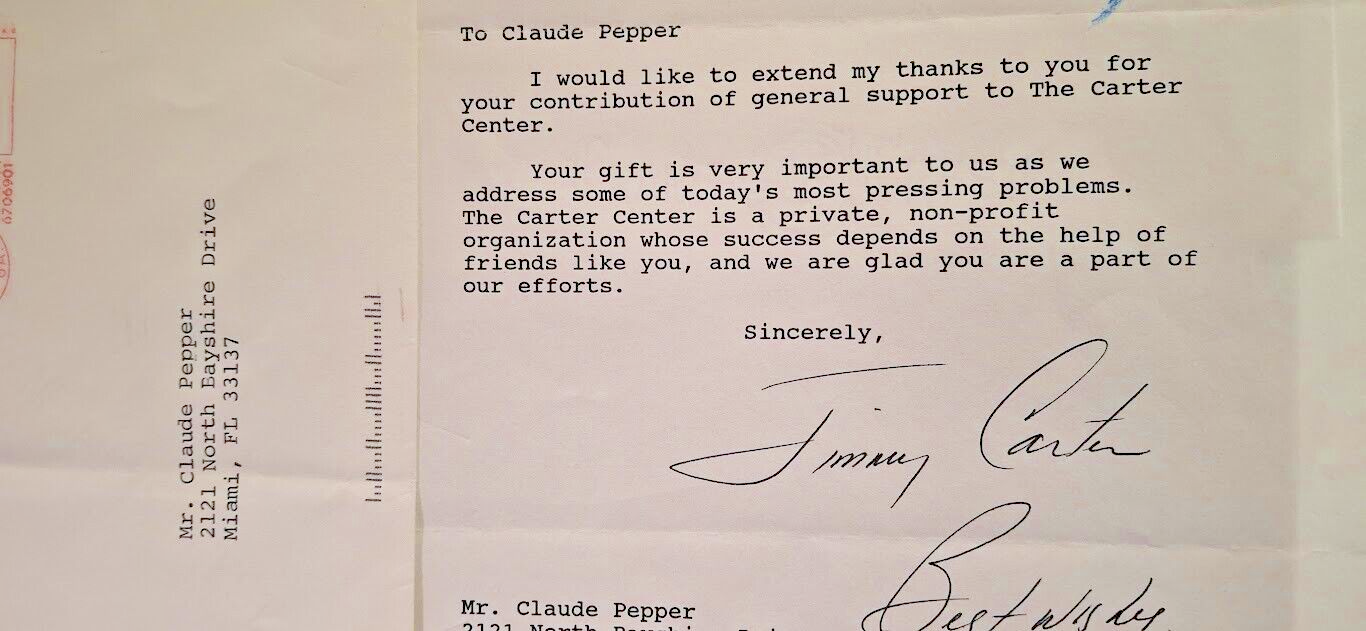 Jimmy Carter TLS Feb. 14, 1989. Postscript: "Best Wishes, J" w/envelope ...
