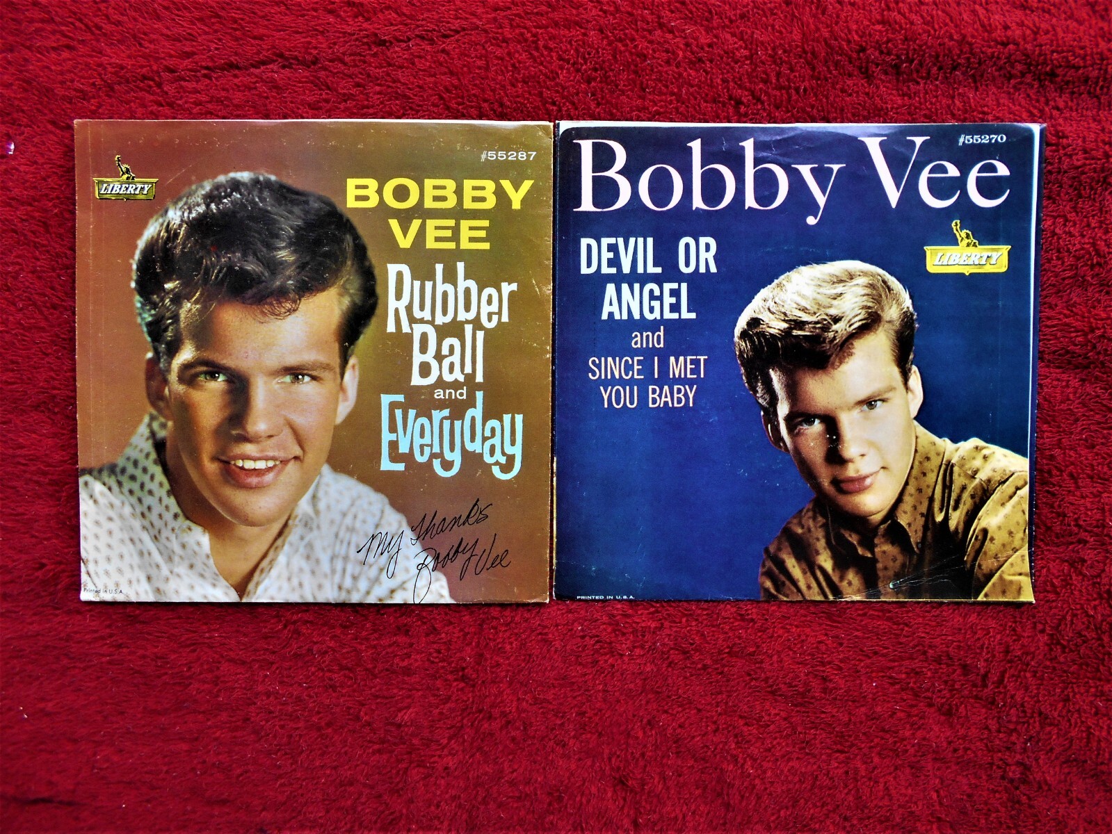 BOBBY VEE RED RUBBER BALL & DEVIL OR ANGEL LOT OF 2 45'S AND PICTURE ...