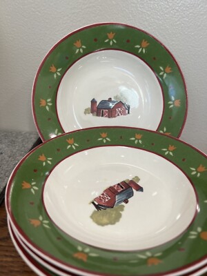 4 Gibson Housewares Farmhouse Hickory Haven Rimmed Soup Bowls 8" M1 Buy These | eBay