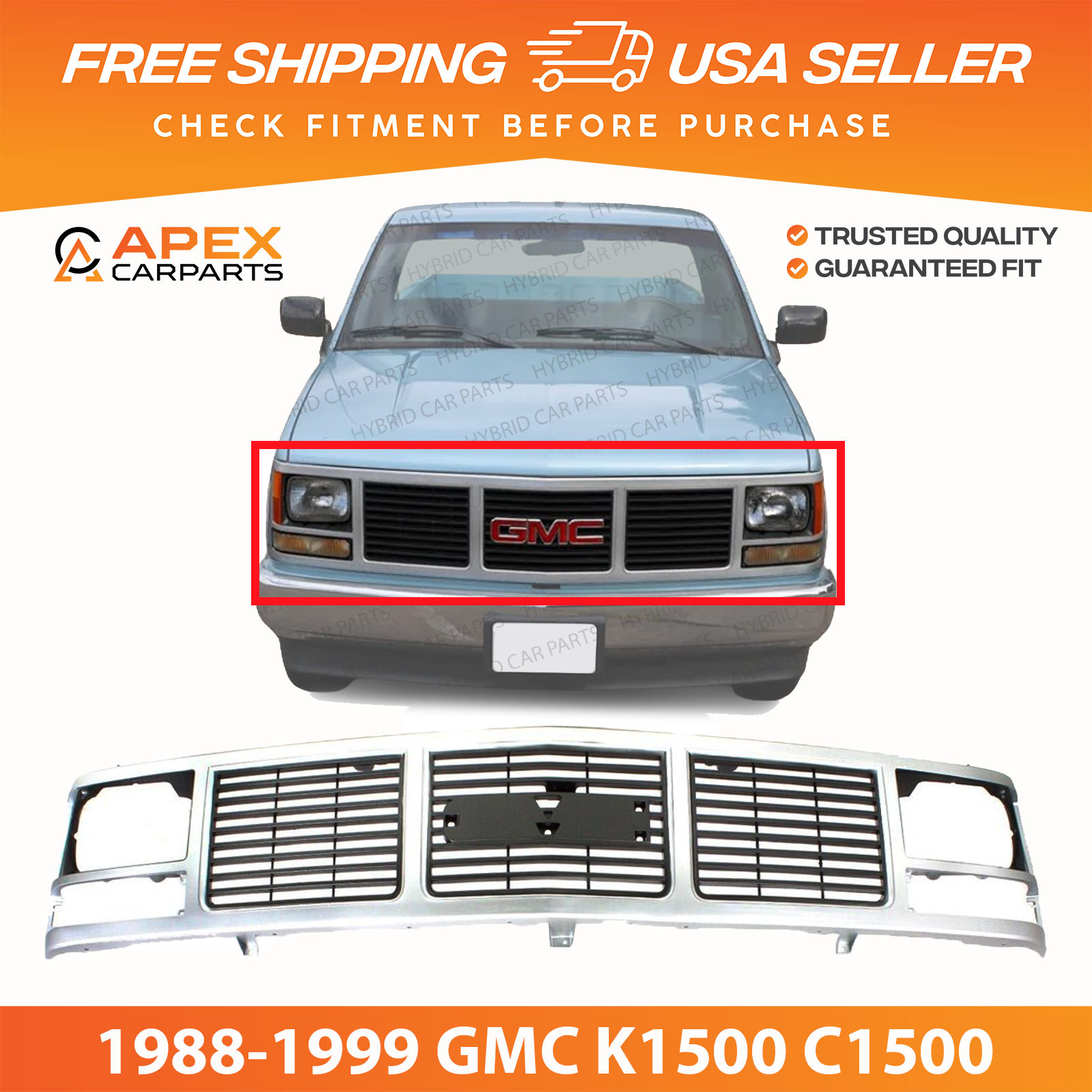 New Front Grille Silver Plastic For 1988-1999 GMC K1500 C1500 GM1200325 ...