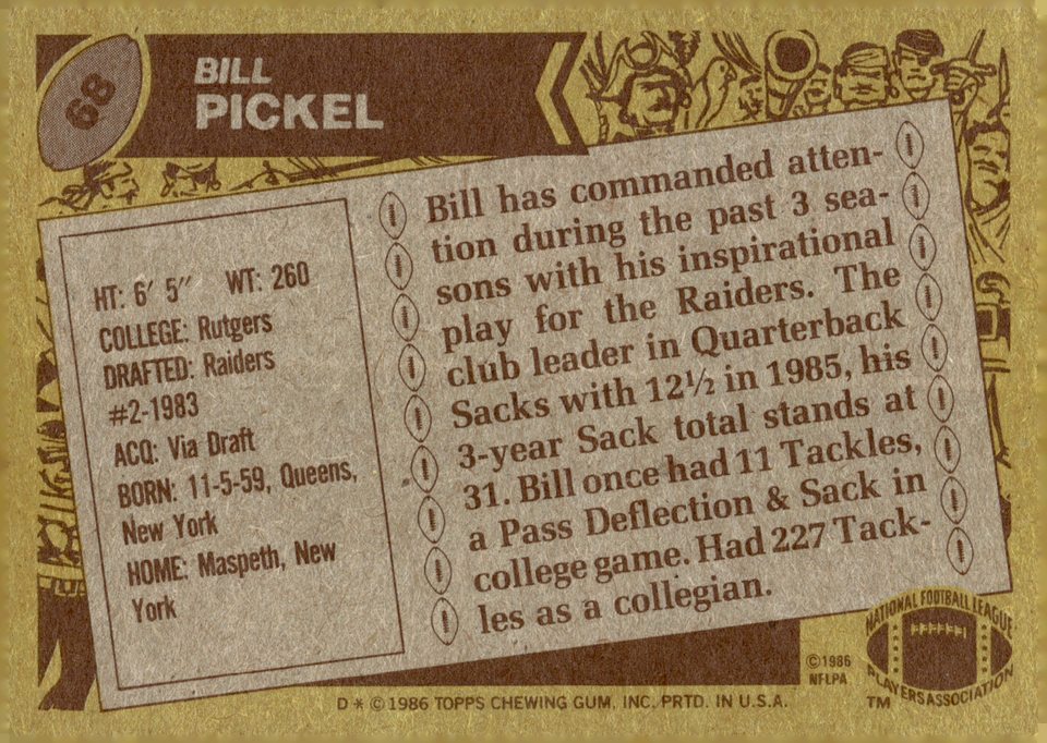 1986 Topps - #68 Bill Pickel Raiders | eBay