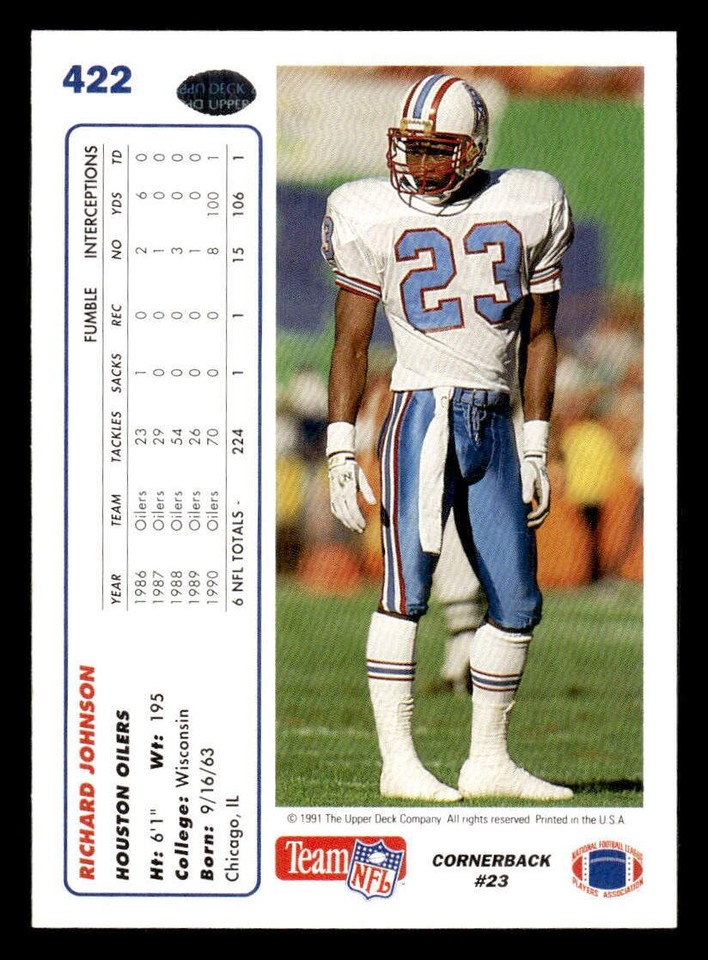 1991 Upper Deck Richard Johnson #422 Houston Oilers Football Card | eBay