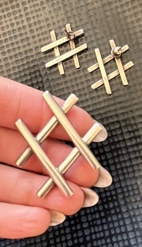 Modernist SET Hash Tag # Pound Tic Tac Toe Brooch Earrings Sterling ...