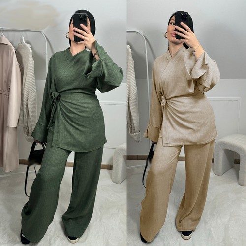 Islamic Outfits Two Piece Women Open Long Sleeve Top Wide Leg Pant Set ...