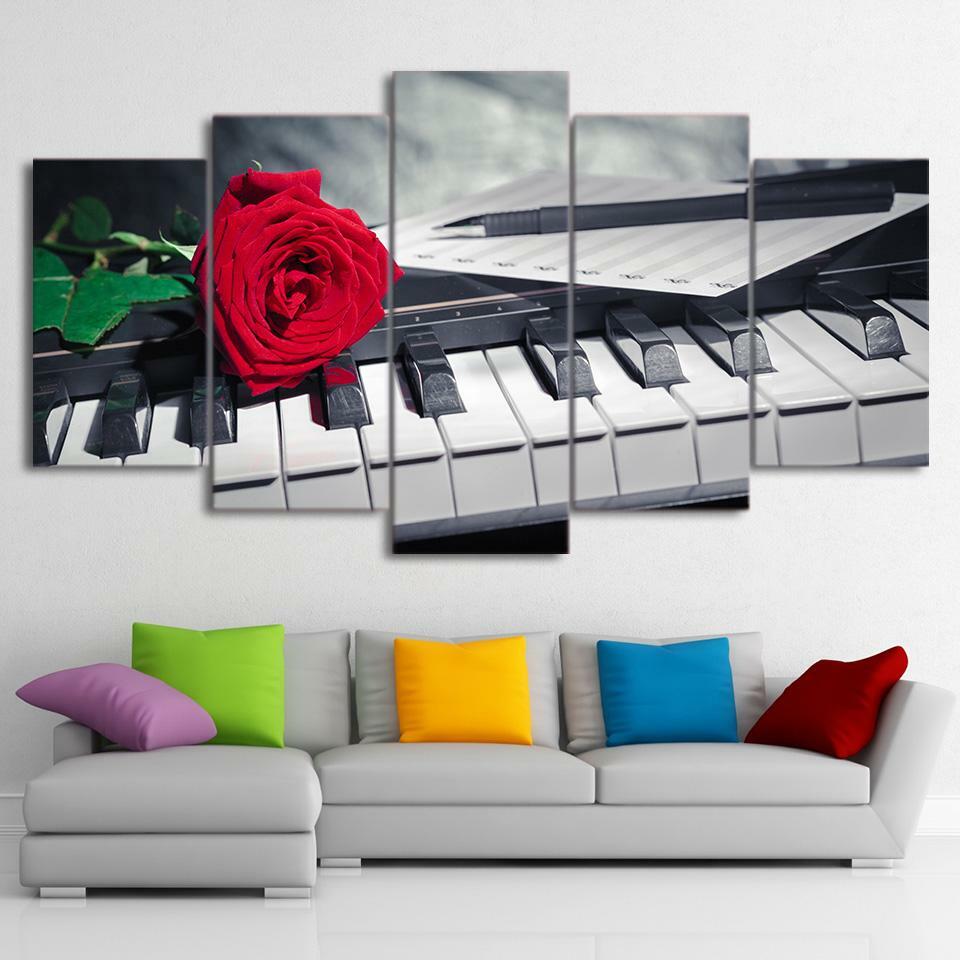 Piano Room Art Piano Keys & Rose Music Instrument Framed 5 Piece