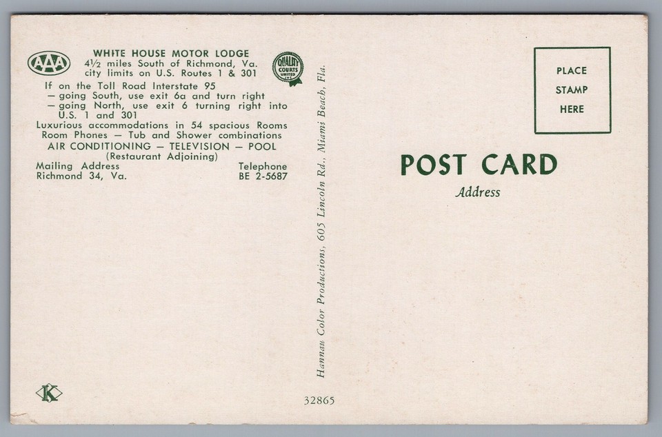 Vintage White House Motor Lodge Richmond Virginia Postcard, Photo ...