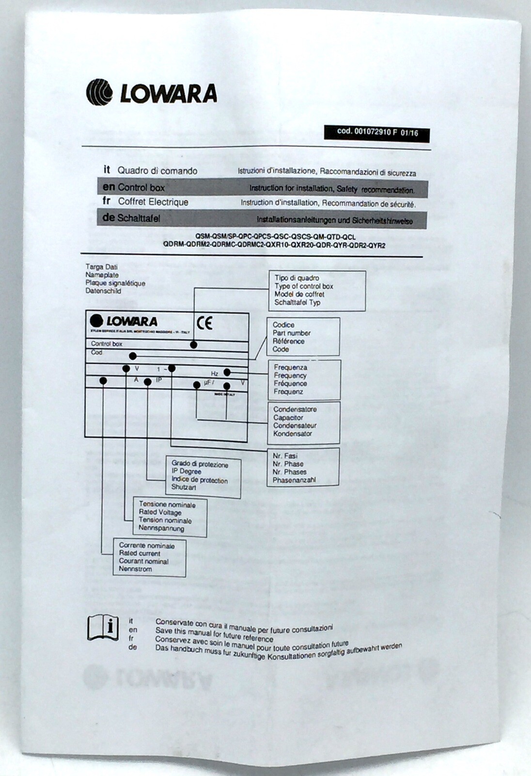 LOWARA QSM/03 108124810 Pump Control Box Single Phase 240V 3.6A IP44 | eBay