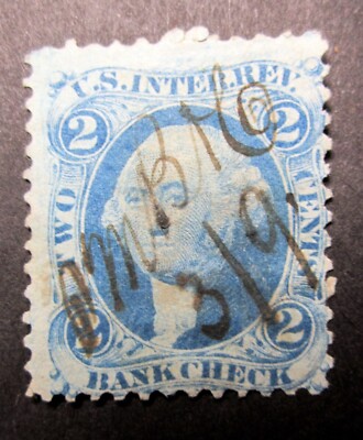 Hand Cancelled 2c Bank Check US Inter Rev Stamp Blue 2 Cent Washinton ...
