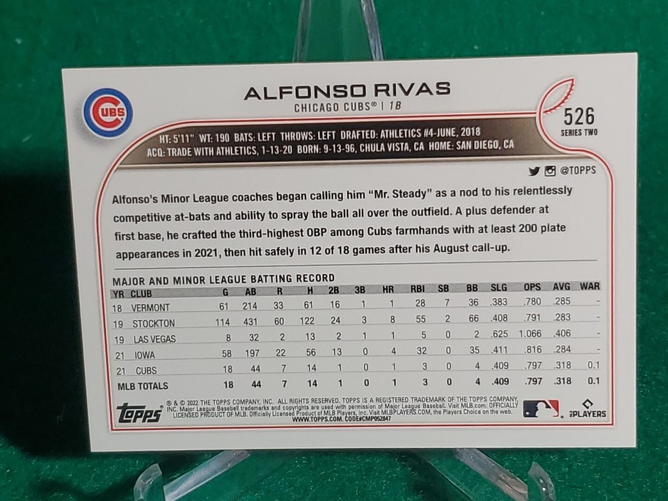 2022 Topps Series 2 #526 Alfonso Rivas Chicago Cubs Rookie RC | eBay