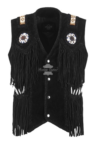 Mens Cowboy Western Style Native American Leather Vest Black Suede ...