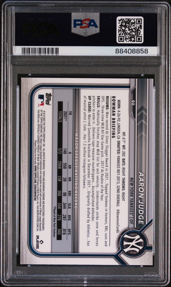 2022 Bowman Chrome Sapphire #90 Aaron Judge New York Yankees PSA 9 | eBay
